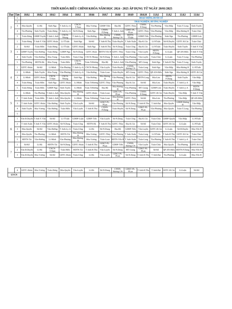 TKB Chính Khóa Áp D NG T 20.01.2025 | PDF