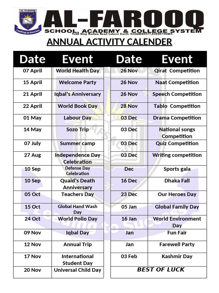 Annual Activity Calendar 2023 | PDF