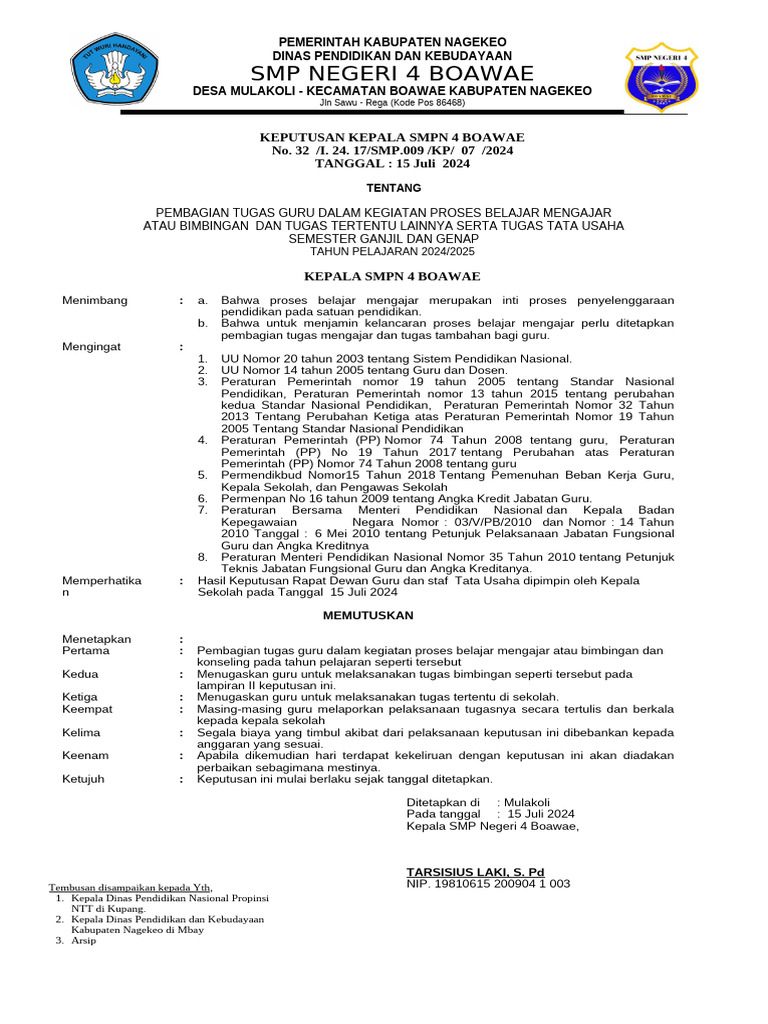 SK Pembagian Tugas 2024-2025 | PDF