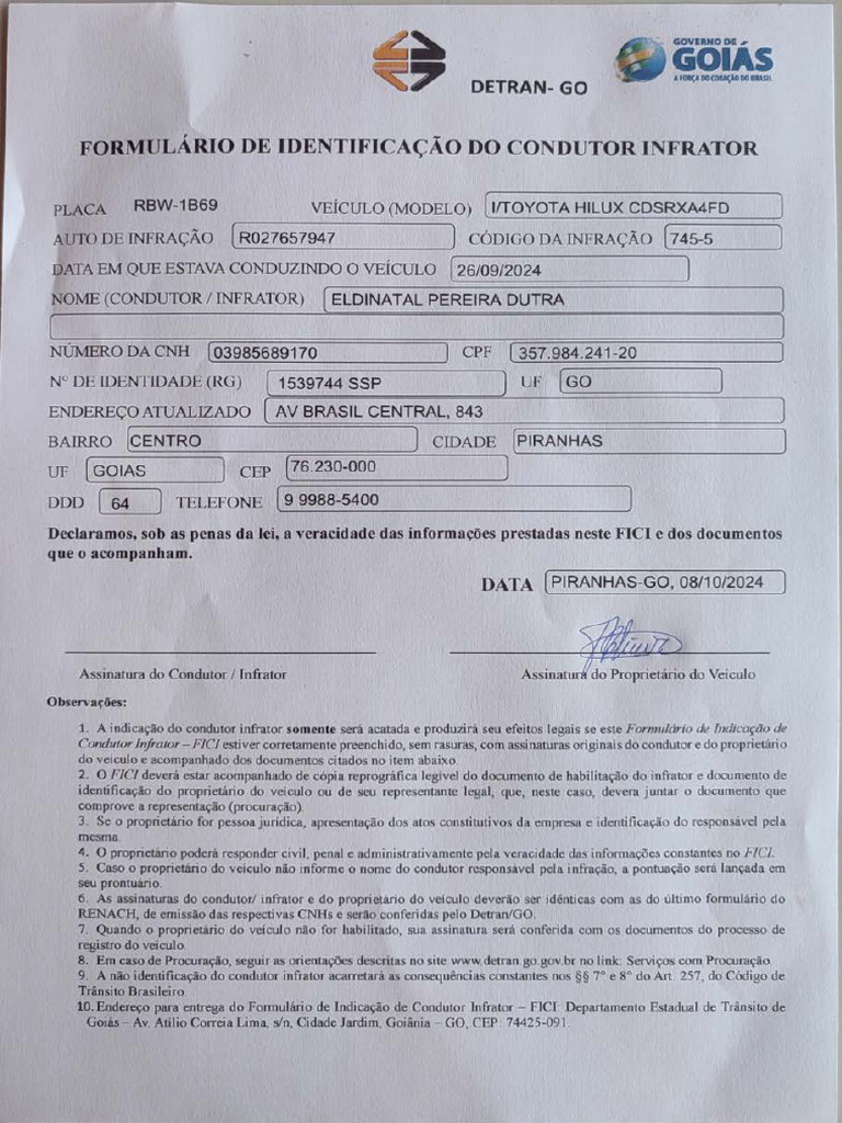 Formulario de Idntificação Do Condutor Infrator-1 | PDF