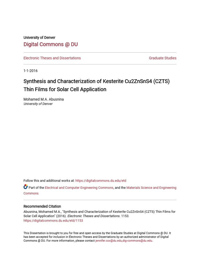 Synthesis and Characterization of Kesterite Cu2ZnSnS4 (CZTS) Thin | PDF | Photovoltaics | Solar ...