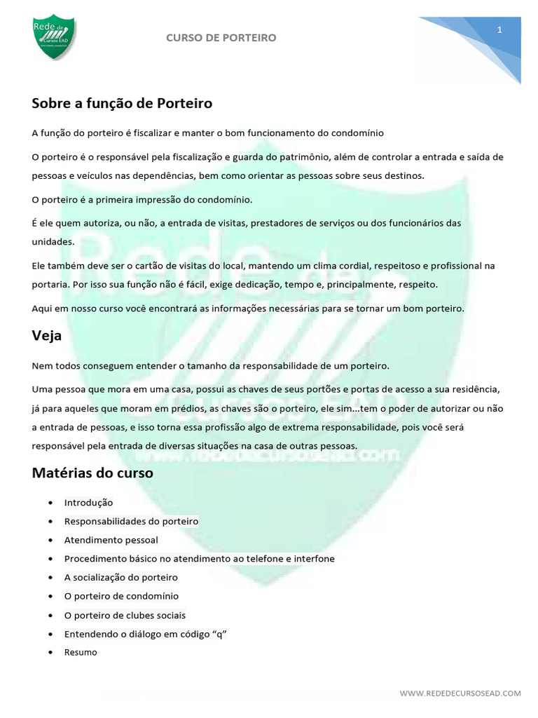 Curso Completo para Porteiros de Condomínio | PDF | Comunicação ...
