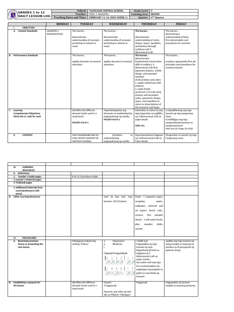 Grade 5 DLL MAPEH 5 Q4 Week 1 | PDF