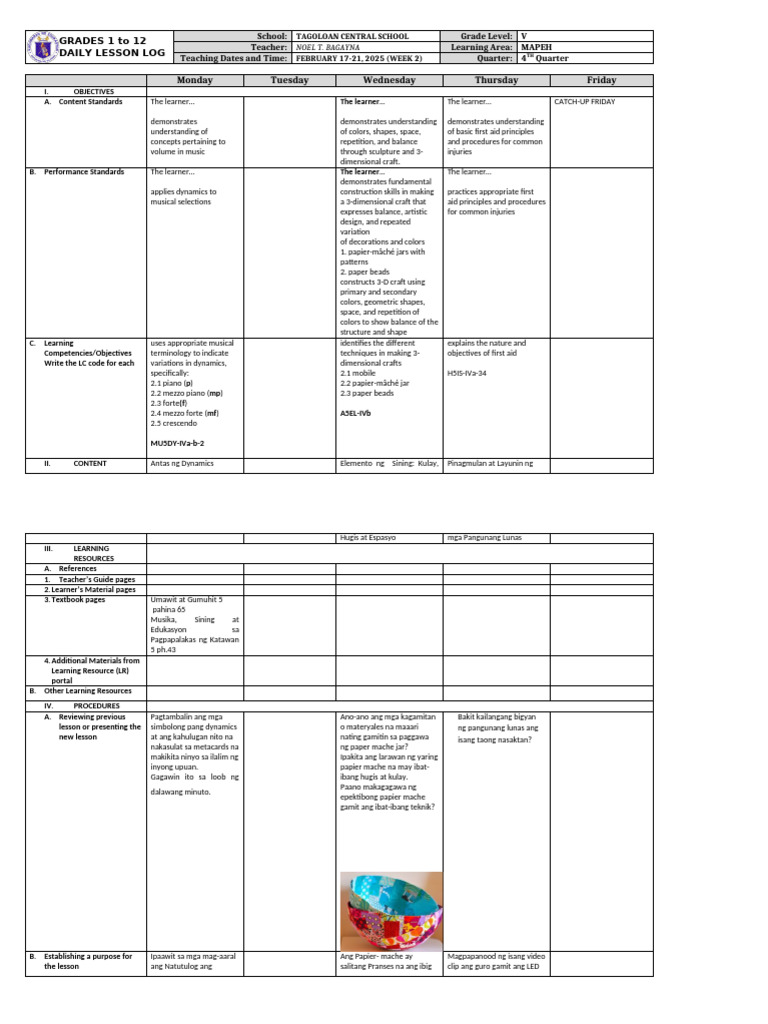 Grade 5 DLL MAPEH 5 Q4 Week 2 | PDF