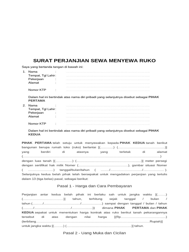 Surat Perjanjian Sewa Ruko Sederhana | PDF