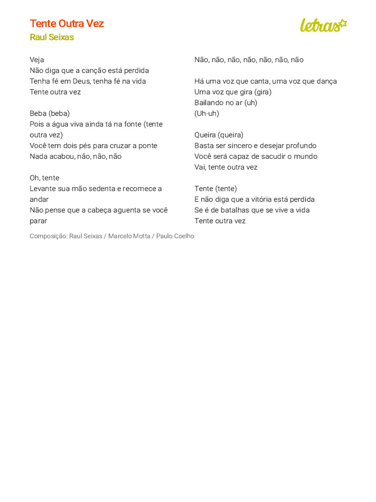 TENTE OUTRA VEZ - Raul Seixas (Impressão) | PDF