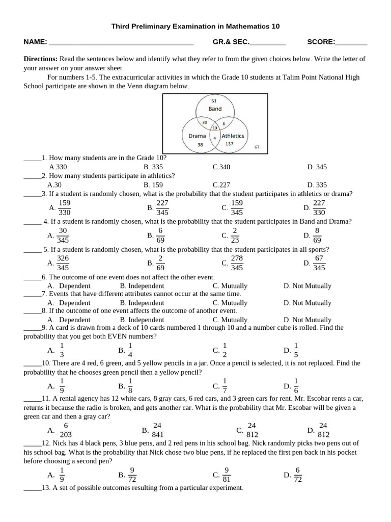 3RD Quarter Examination Grade 10 | PDF | Probability | Probability Theory
