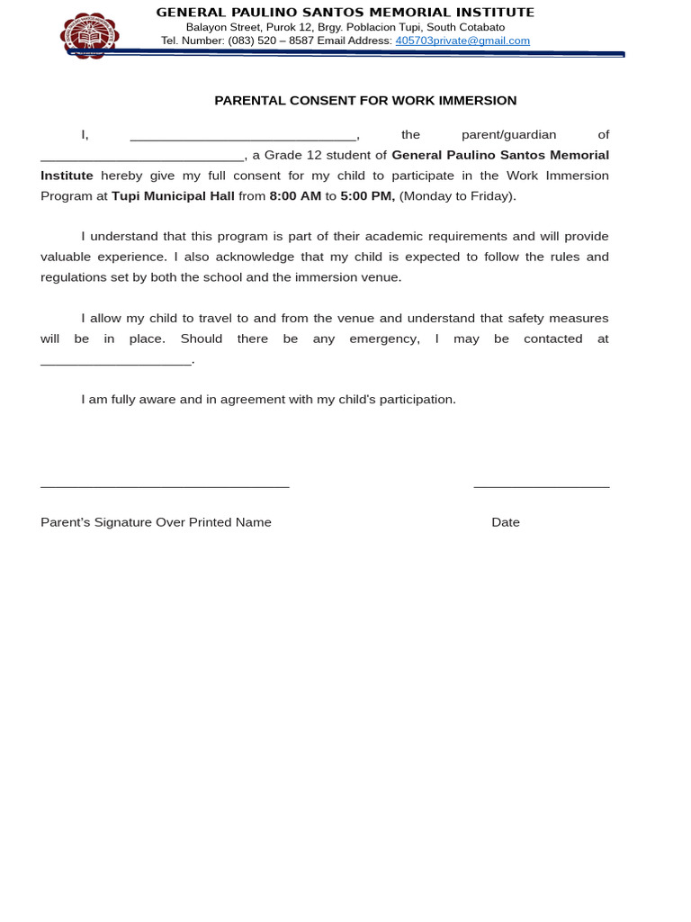 Work Immersion Consent | PDF