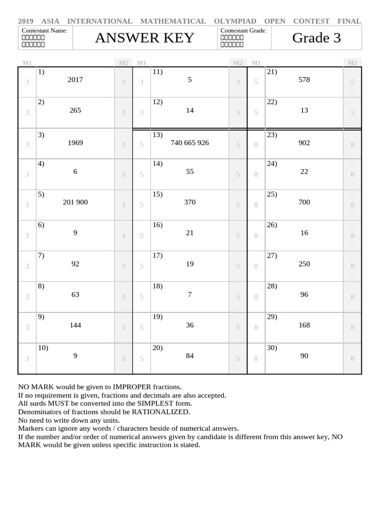 2019 Asia Math Olympiad Answer Key | PDF | Numbers | Algebra