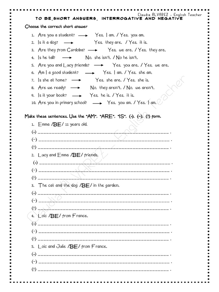 To Be - SHORT ANSWERS - Interrogative and Negative | PDF