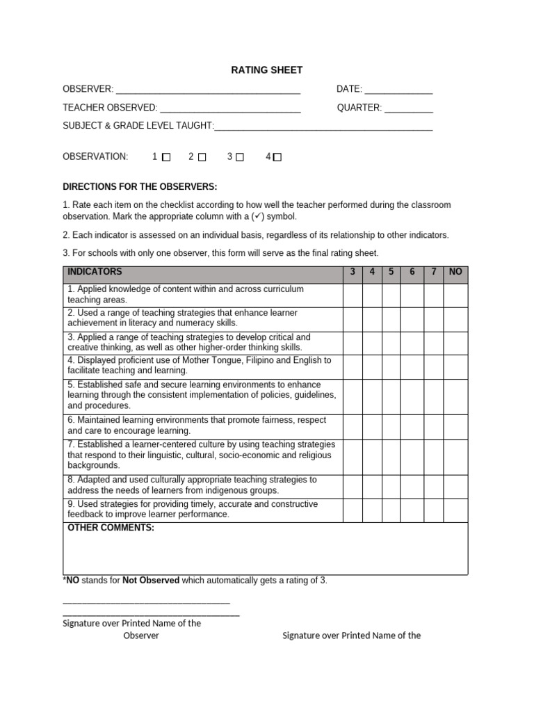 Teacher Observation Rating Sheet | PDF