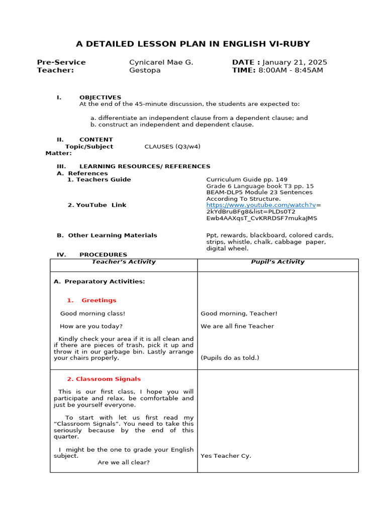 1ST LESSON PLAN Final - Independent and Dependent Clause KCSSC GRADE 6 WEEK 3 QUARTER 3 | PDF ...