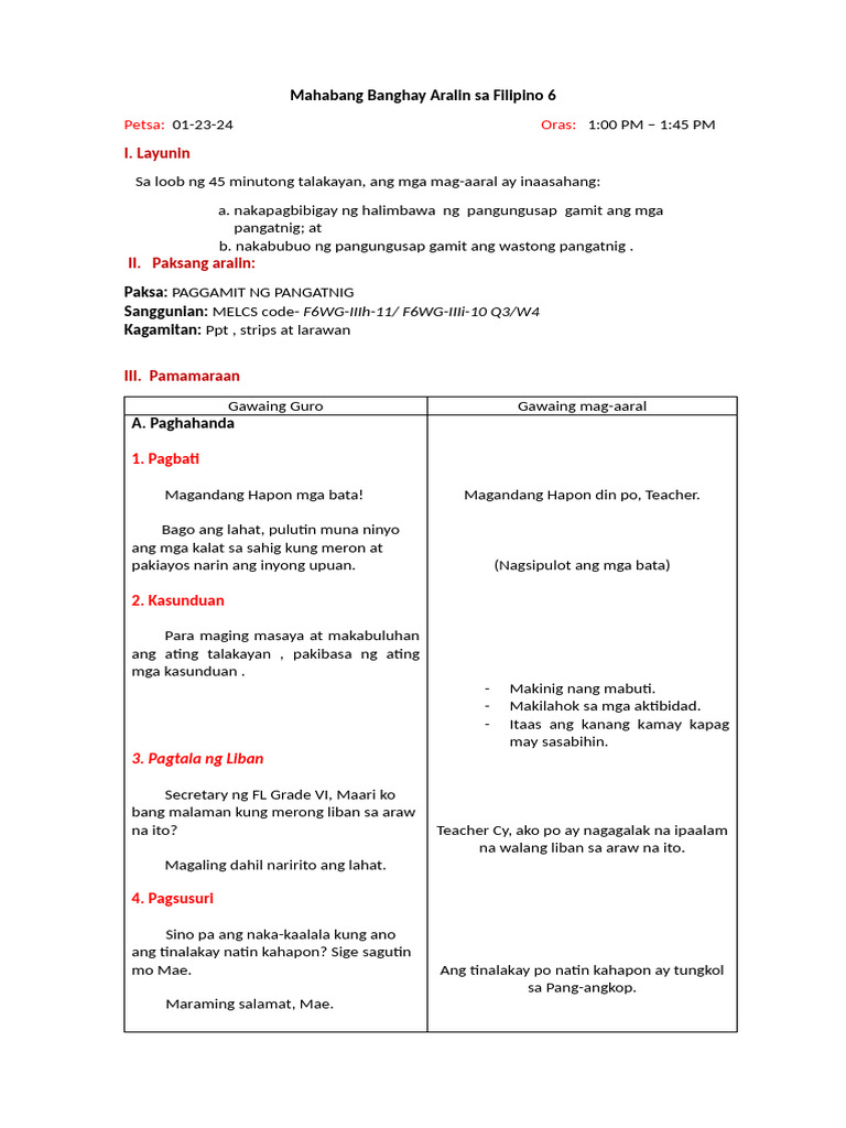 4th Lesson Plan Fil Pangatnig | PDF
