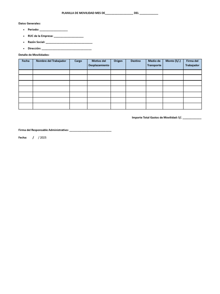 Planilla de Movilidad 2 | PDF