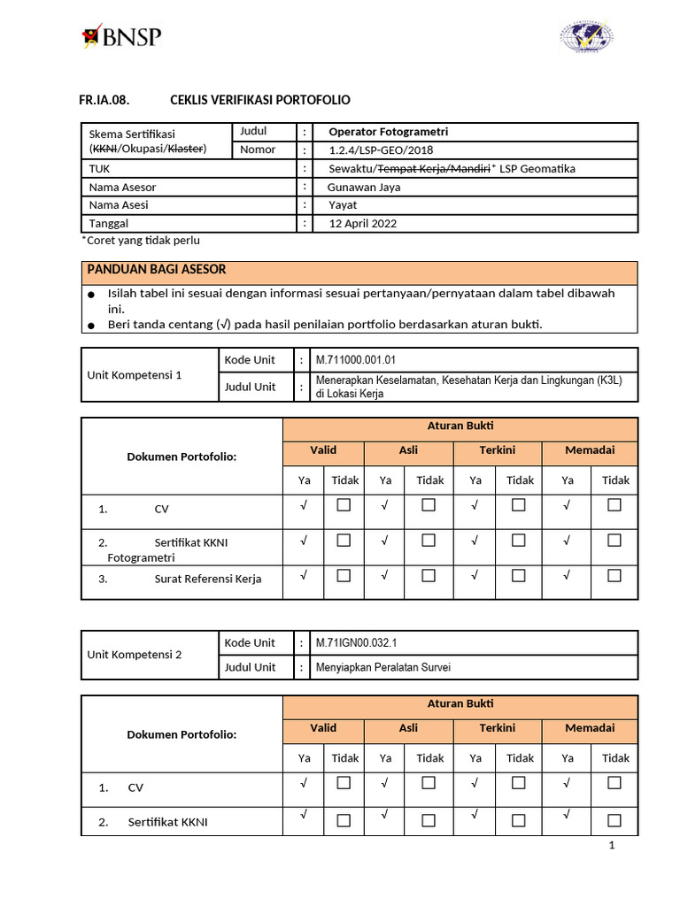 FR - IA.08. (Ceklis Verifikasi Portofolio) - OpFotri | PDF