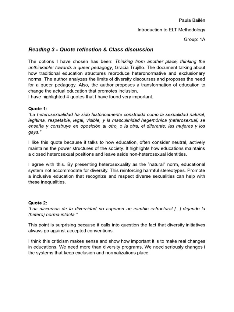 Reading 3 - Quote reflection & Class discussion | PDF | Gender | Gender Studies