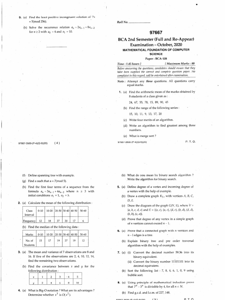 Bca 2 Sem Mathematical Foundation of Computer 97667 Oct 2020 | PDF