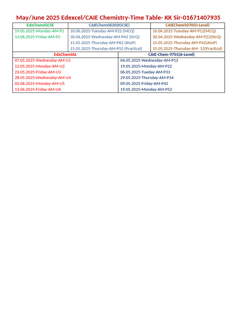 2025 Edexcel/CAIE Chemistry Timetable | PDF