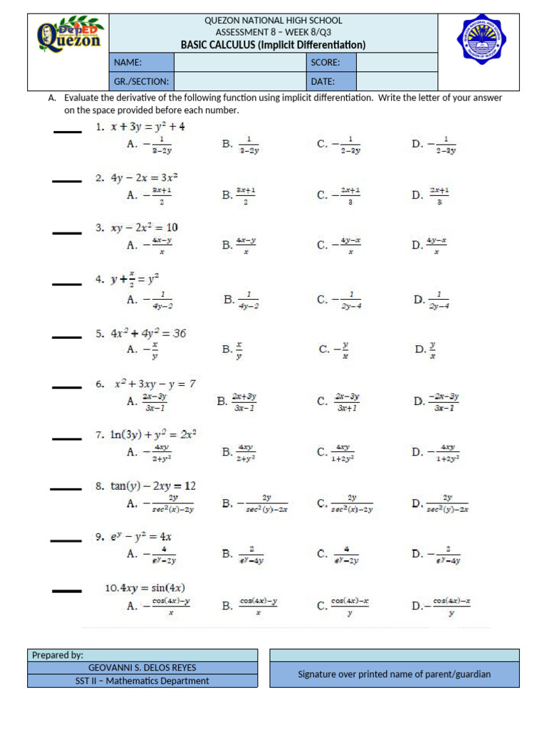 Assessment 8 - WK 8 - Implicit Differentiation | PDF