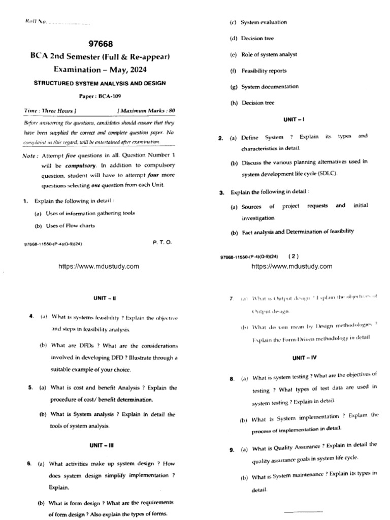 Bca 2 Sem Structured System Analysis and Design 97668 May 2024 | PDF