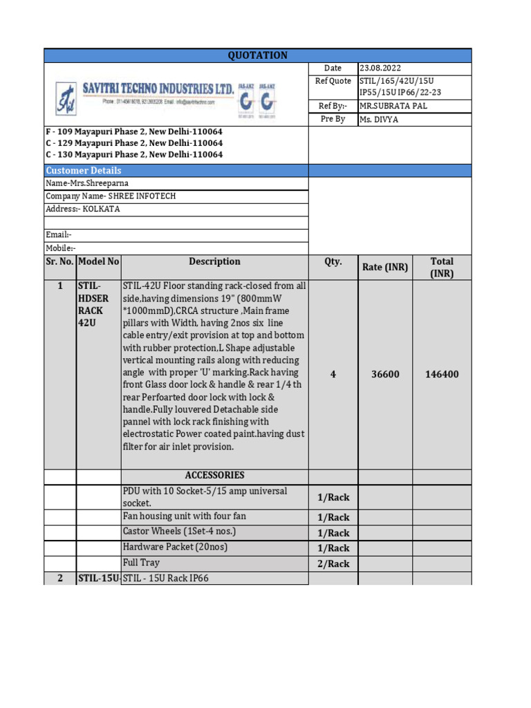 Quotation-Stil-165-42u Rack-Ip66-Ip55-Shreeinfotech | PDF ...