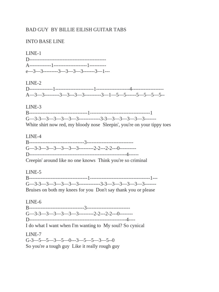Bad Guy Guitar Tabs by Billie Eilish | PDF | Recorded Music