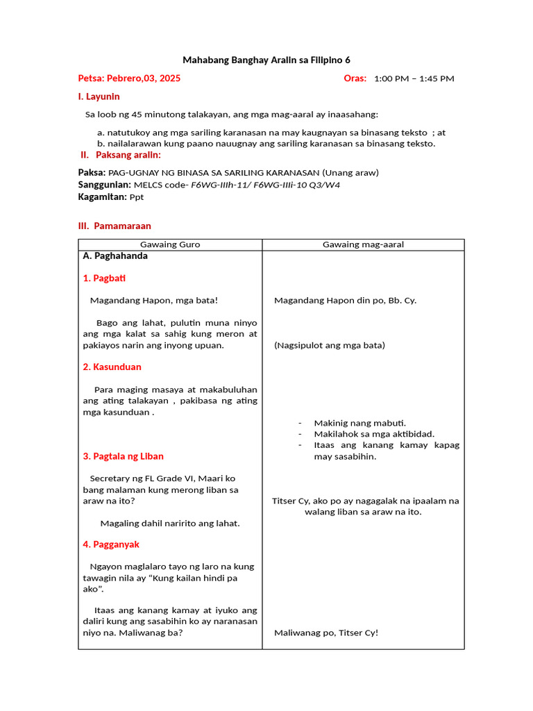 10th Printed PAG-UGNAY NG BINASA SA SARILING KARANASAN Q3w6 | PDF