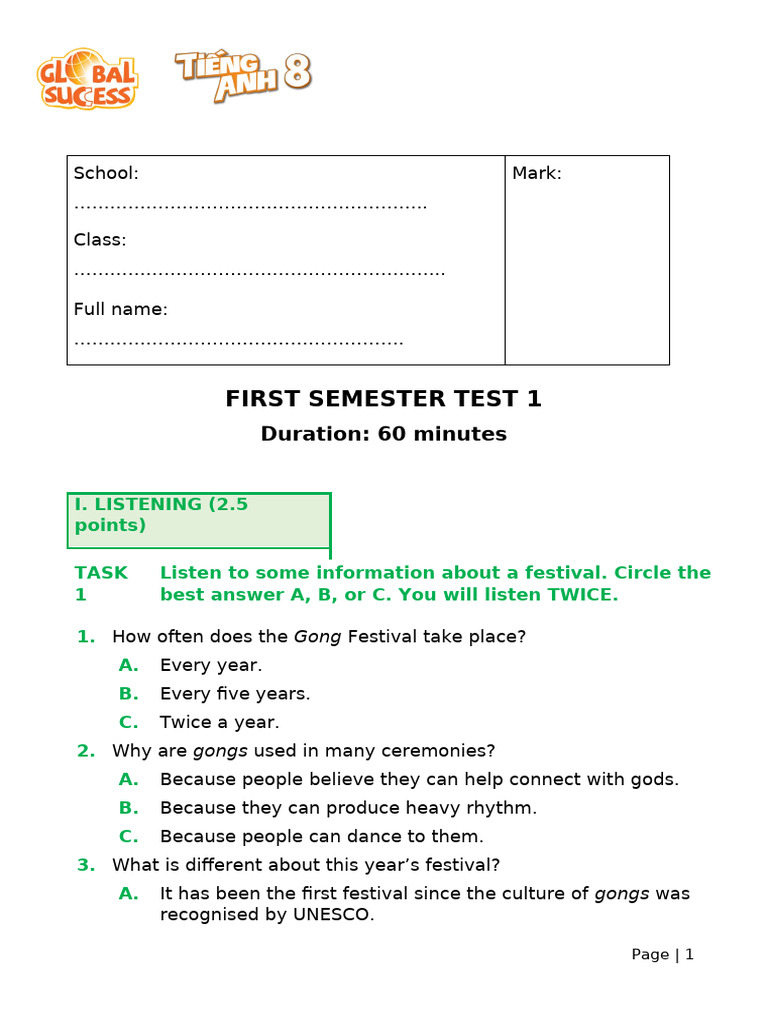 First Semester Test: Listening & Reading | PDF
