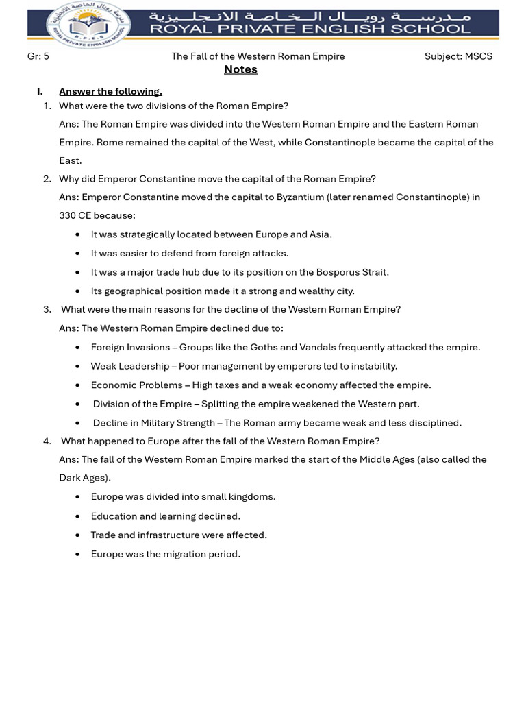 Gr5 MSCS The Fall of the Western Roman Empire Notes & WS | PDF ...