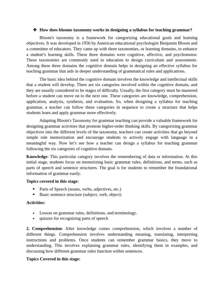 How does blooms taxonomy works in designing a syllabus for teaching ...