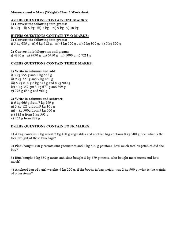 Measurement - Mass (Weight) Class 3 Worksheet | PDF | Kilogram | Gram