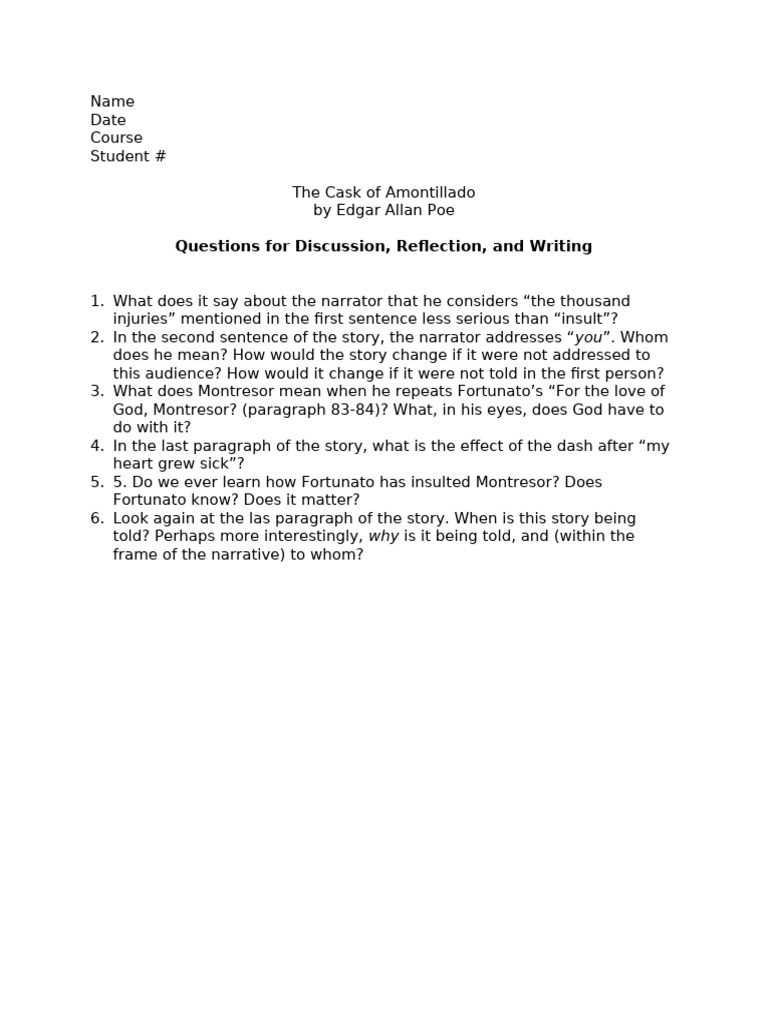 Cask of Amontillado - Reading Questions | PDF
