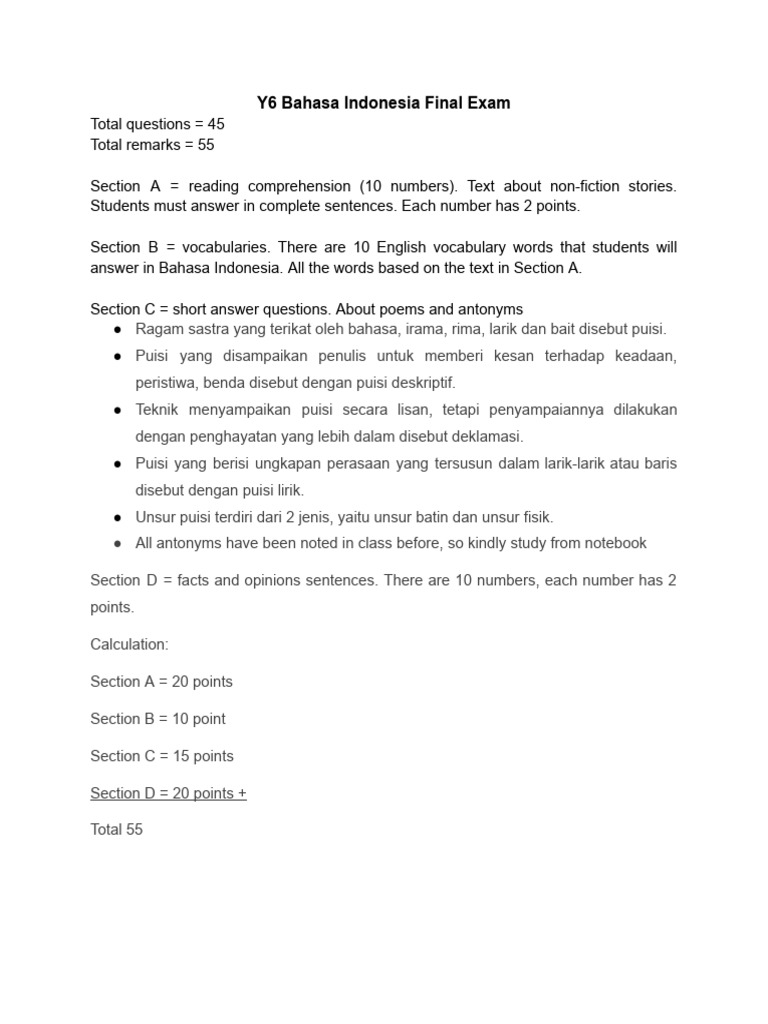 Y6 Bahasa Indonesia Final Exam | PDF