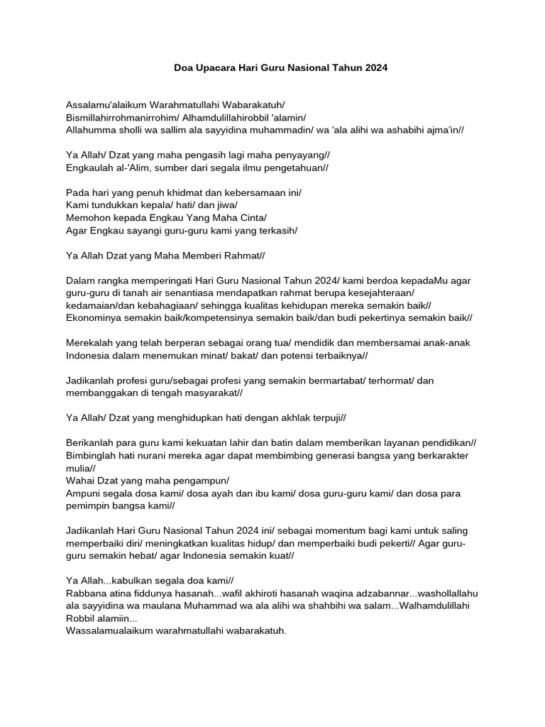 Doa Upacara Hari Guru Nasional Tahun 2024 | PDF