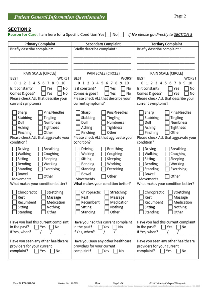 Patient Questionnaire | PDF | Paresthesia | Chiropractic