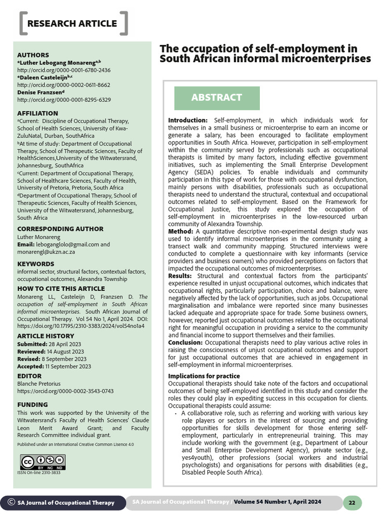 The Occupation of Self-Employment | PDF | Occupational Therapy | Employment