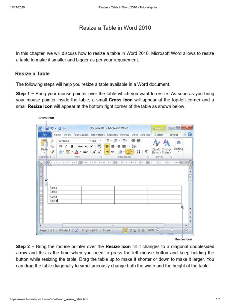 4resize A Table in Word 2010 - Tutorialspoint | PDF