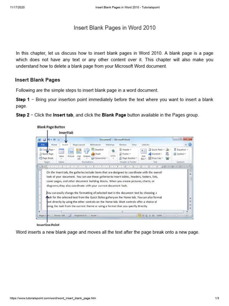 5insert Blank Pages in Word 2010 - Tutorialspoint | PDF