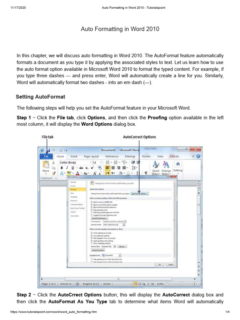 5auto Formatting in Word 2010 - Tutorialspoint | PDF | Typography | Punctuation