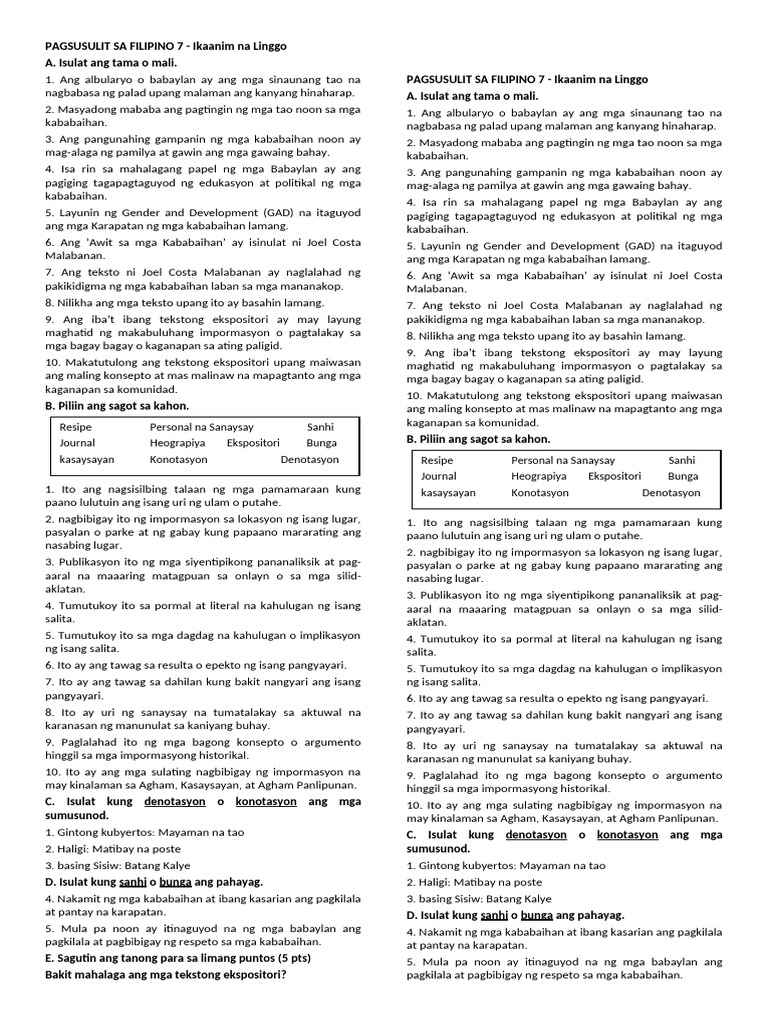 Pagsusulit Sa Filipino 7 | PDF