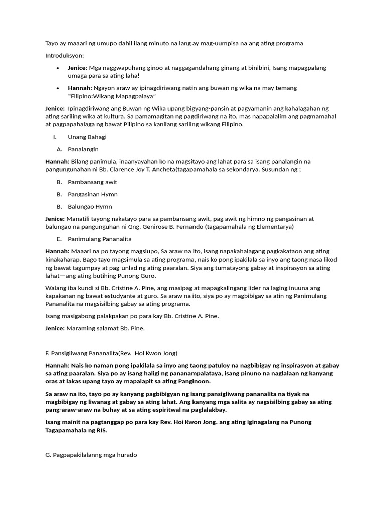 Buwan NG Wika Script Emcee | PDF