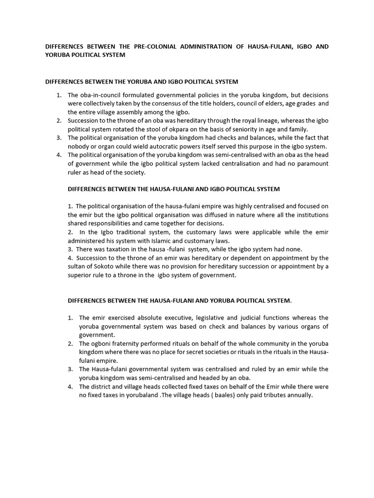 Differences Between The Pre-Colonial Administration of Hausa-Fulani, Igbo and Yoruba | PDF
