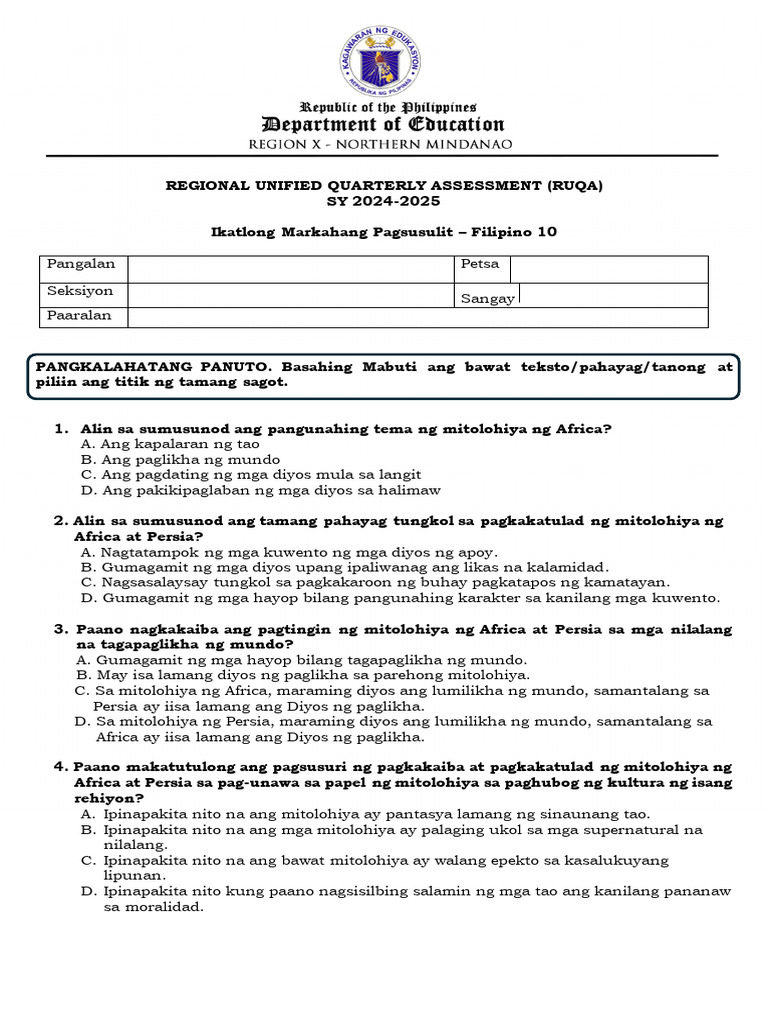 Filipino 10 RUQA QUARTER 3 | PDF