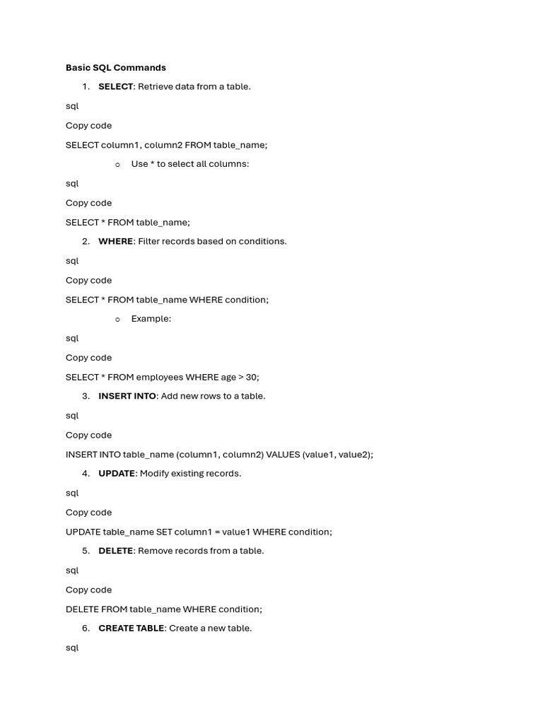 Basic SQL Commands | PDF | Table (Database) | Sql Basic SQL Commands | PDF | Table (Database) | Sql