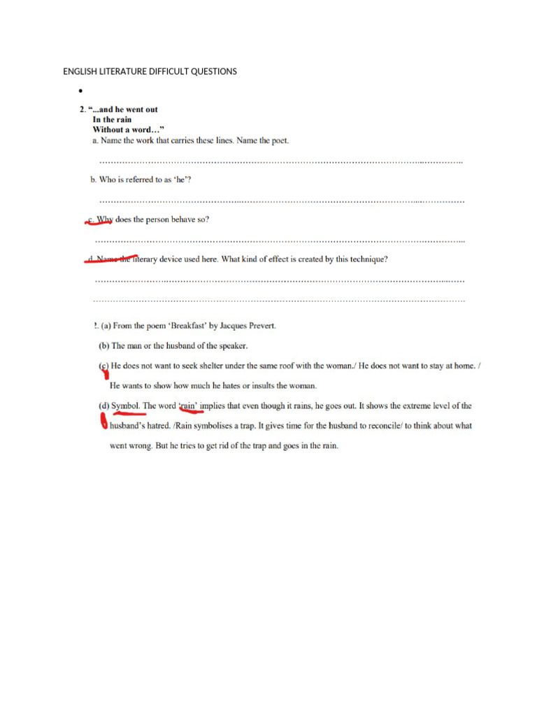 English Literature Difficult Questions | PDF