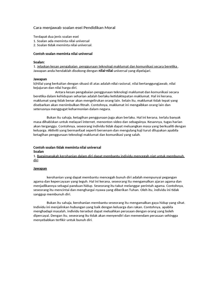 Cara Menjawab Soalan Esei Pendidikan Moral | PDF