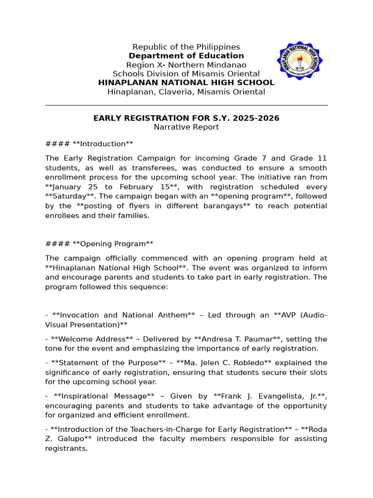 Early Registration Narrative | PDF