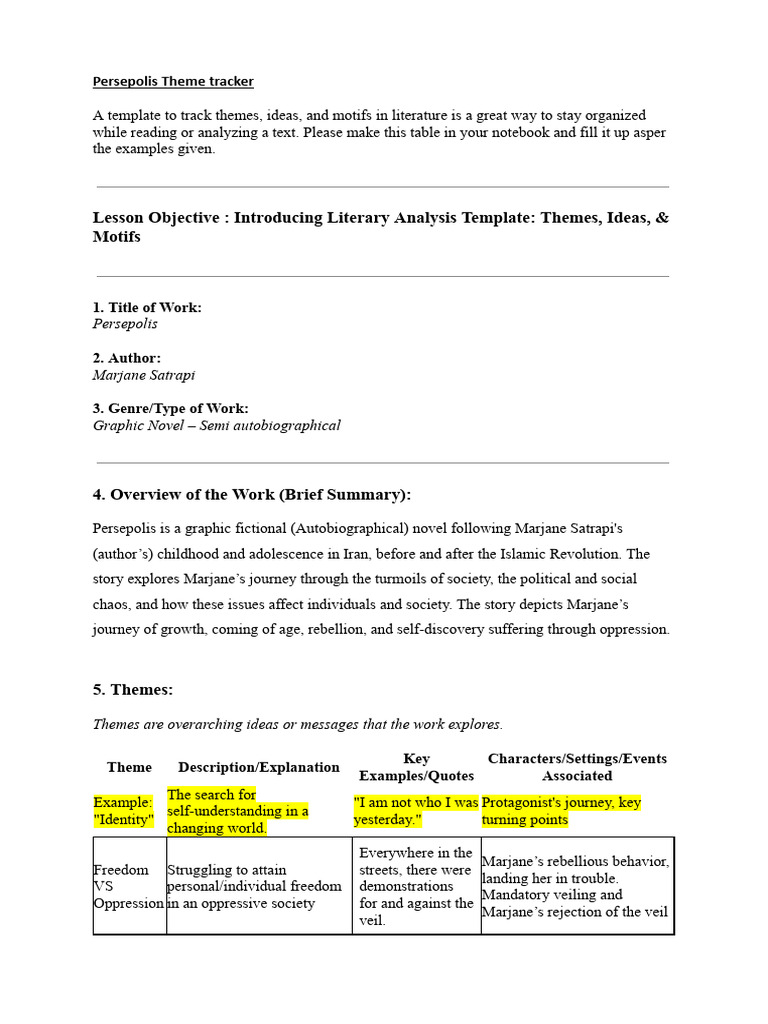 Persepolis Themes and Motifs Tracker | PDF