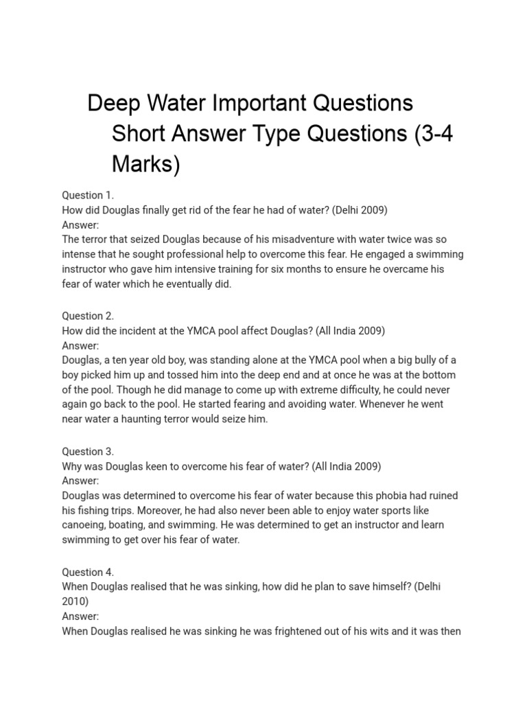 Deep Water Imp Questions | PDF | Courage | Swimming