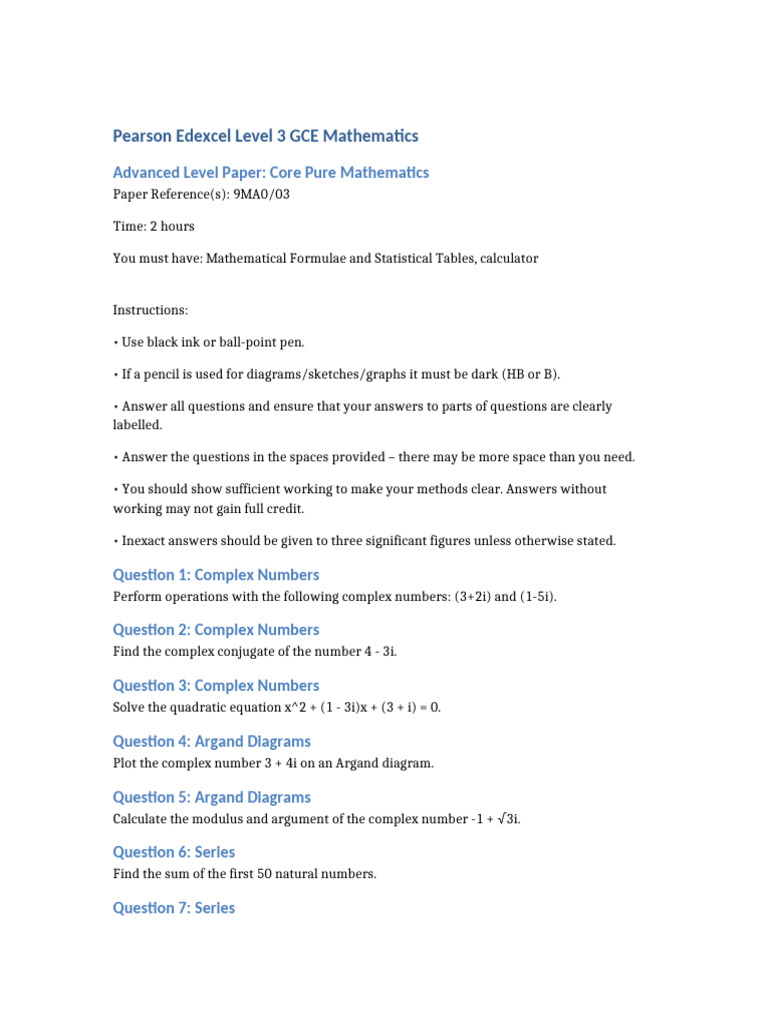 Edexcel Core Pure Mathematics Exam | PDF